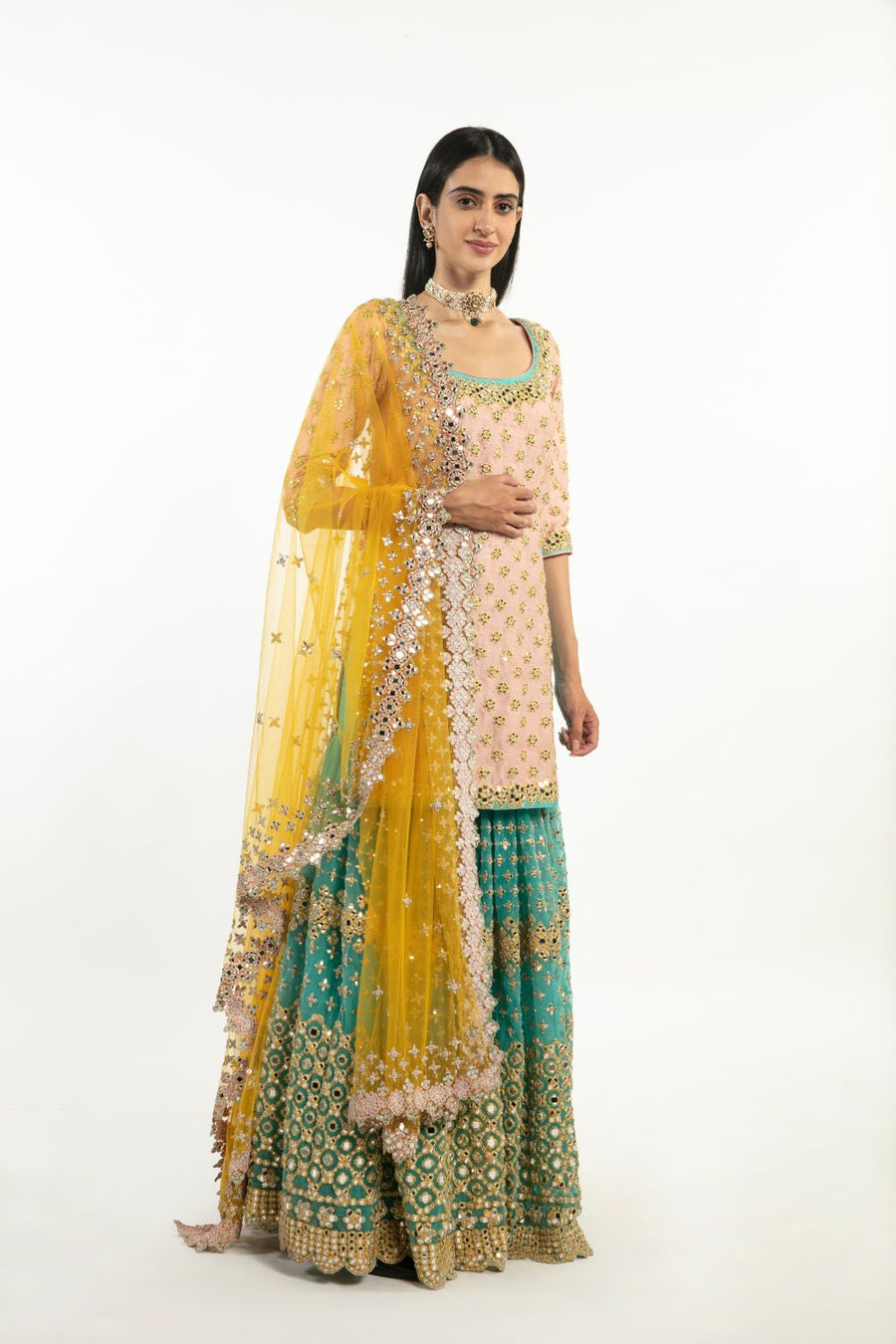 YELLOW, PEACH AND TURQUISE EMBELLISHED SHARARA SET – abhinavmishra